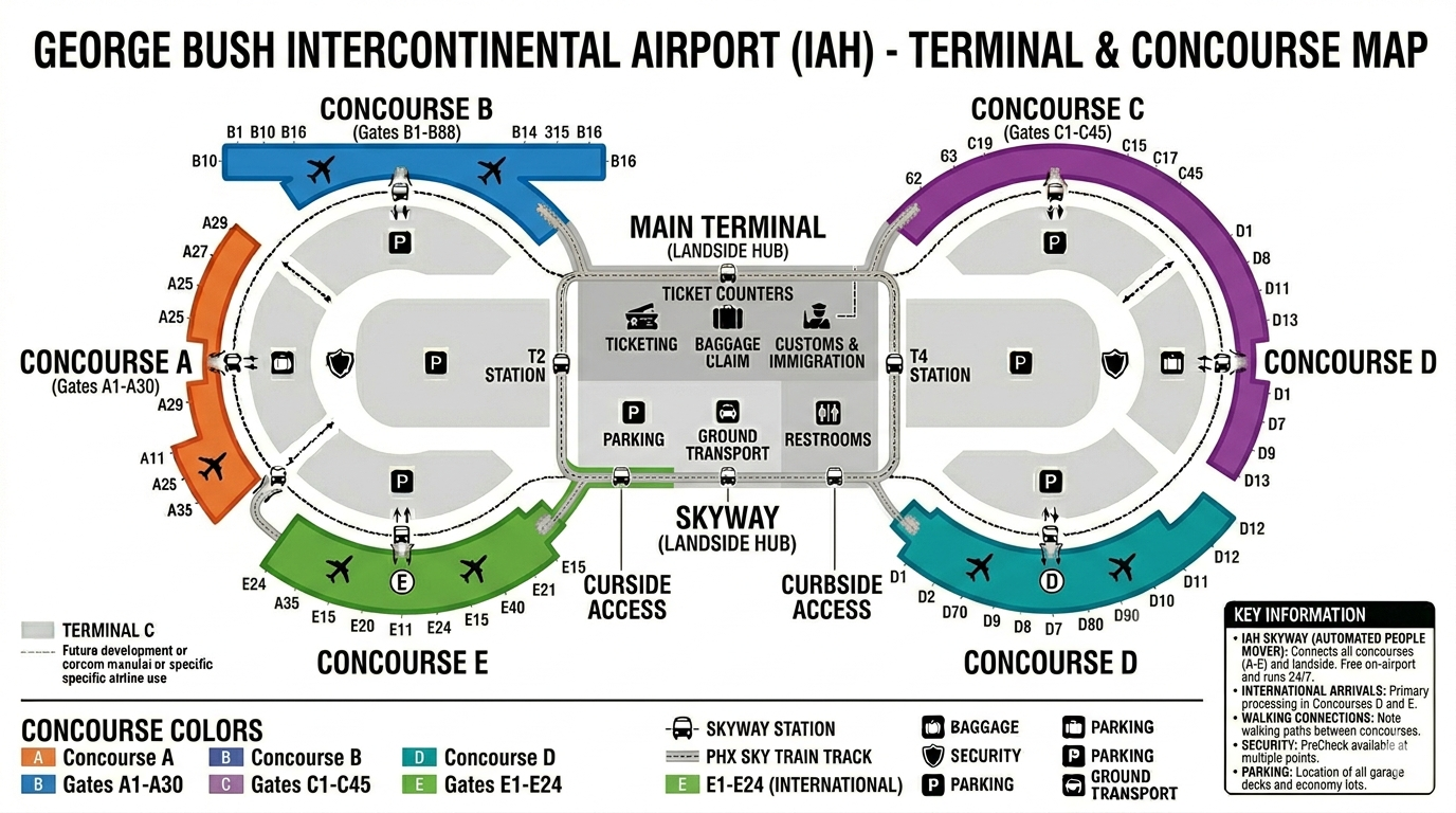 Houston Airport Map 2026 — IAH Terminal Guide