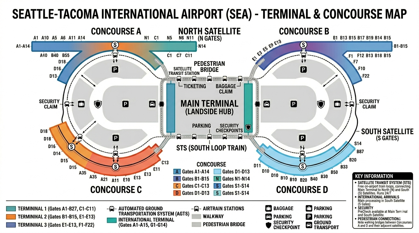 Seattle Airport Map 2026 — SEA Terminal & Concourse Guide